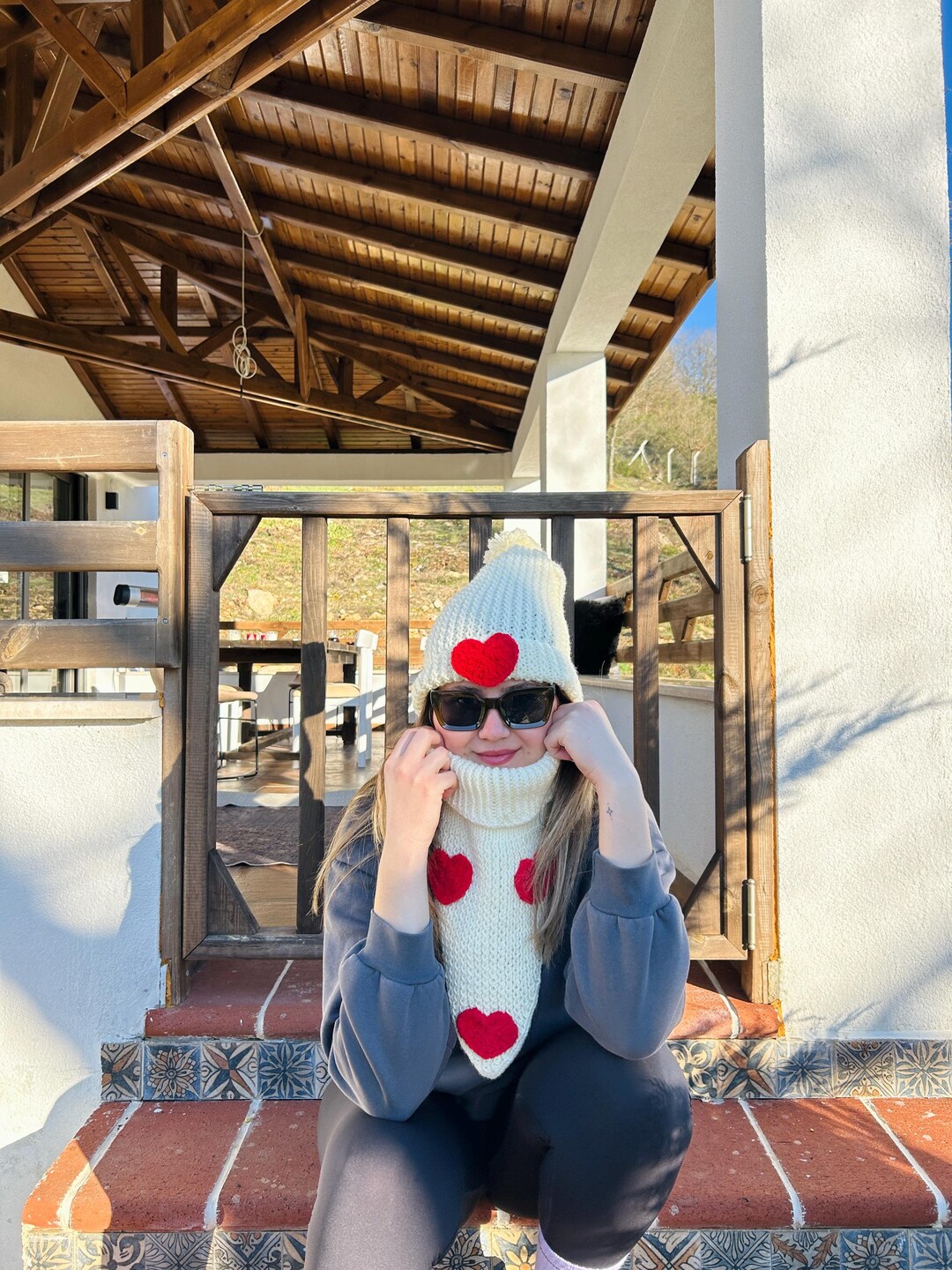 Red Heart Hat,bbf Gift,handmade Crochet Knitted Neck Collar and Hat ...