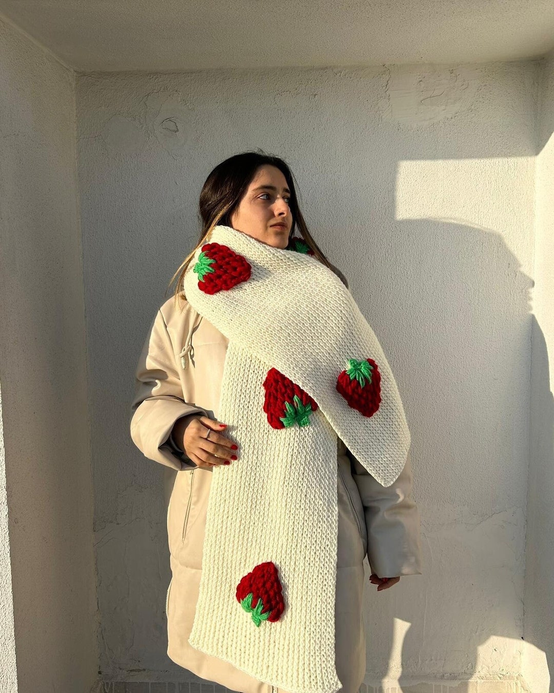 Chunky Knit Strawberry Scarf,hand Knitted Crochet Shawl - Etsy