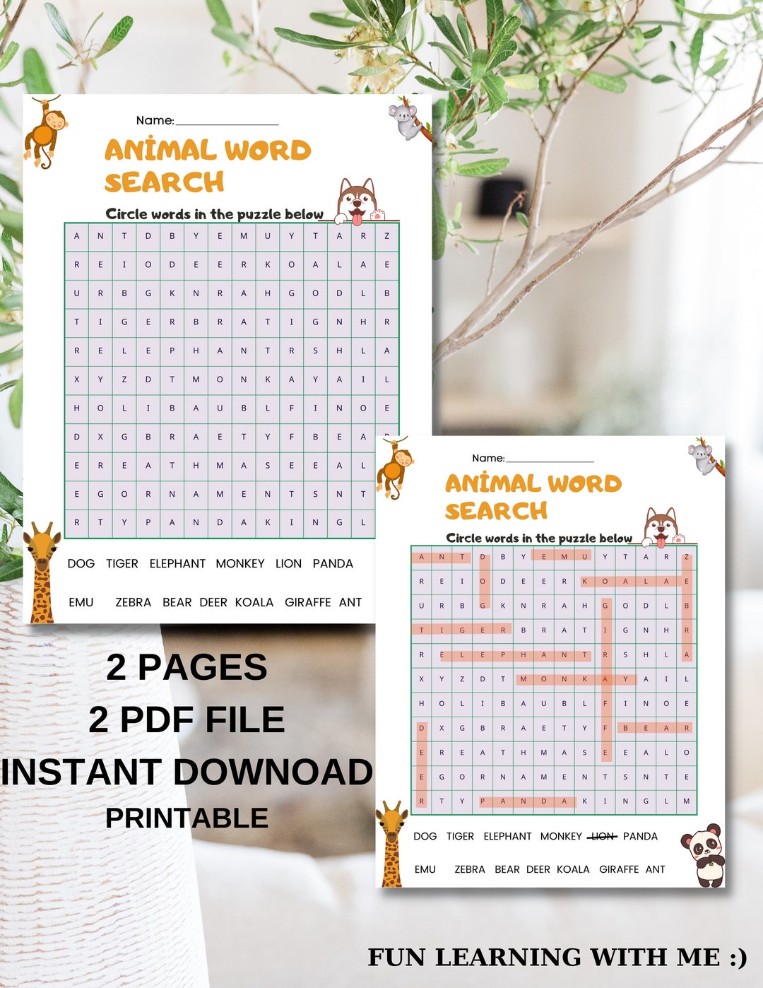 Animals Word Search,word Search Printable,kids Word Search,printable ...