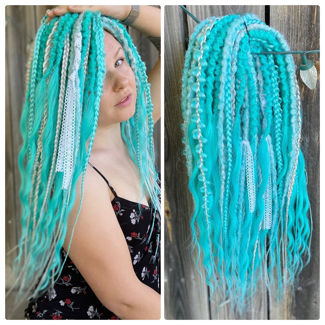 Set Mint Crocheted Curly Dreadlocks, Boho, Gray Turquoise Mix Waves DE ...
