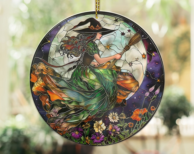 Halloween Witch With Moon Suncatcher, Witchy Window Hanging Decor ...