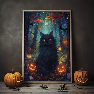 Halloween Black Cat Poster, Cat in Fall Forest Printable, Animal ...