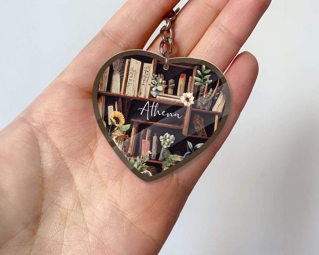 Personalized Name Book Keychain, Vintage Bookshelf Keychain, Reading ...