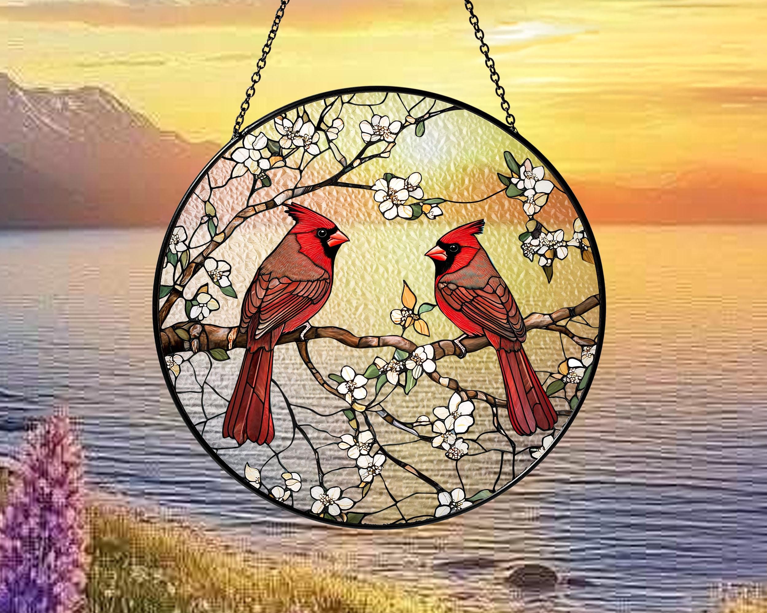 Red Cardinals and Flower Glass Suncatcher, Cardinal Suncatcher, Red ...
