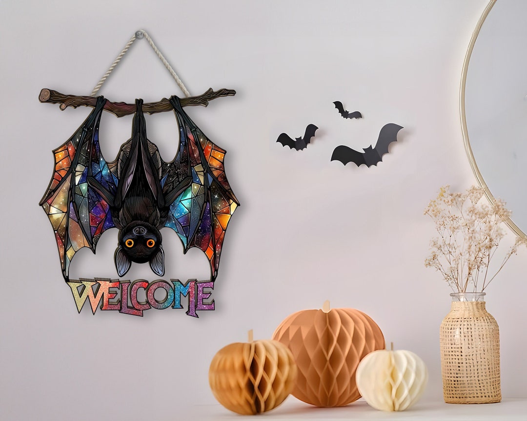 Welcome Bat Hanging Door Sign, Halloween Bat Sign, Halloween Sign Decor ...