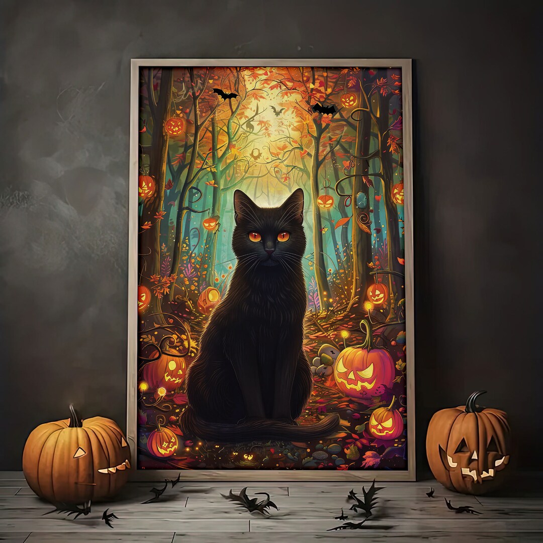 Halloween Black Cat Poster, Cat in Fall Forest Printable, Animal ...
