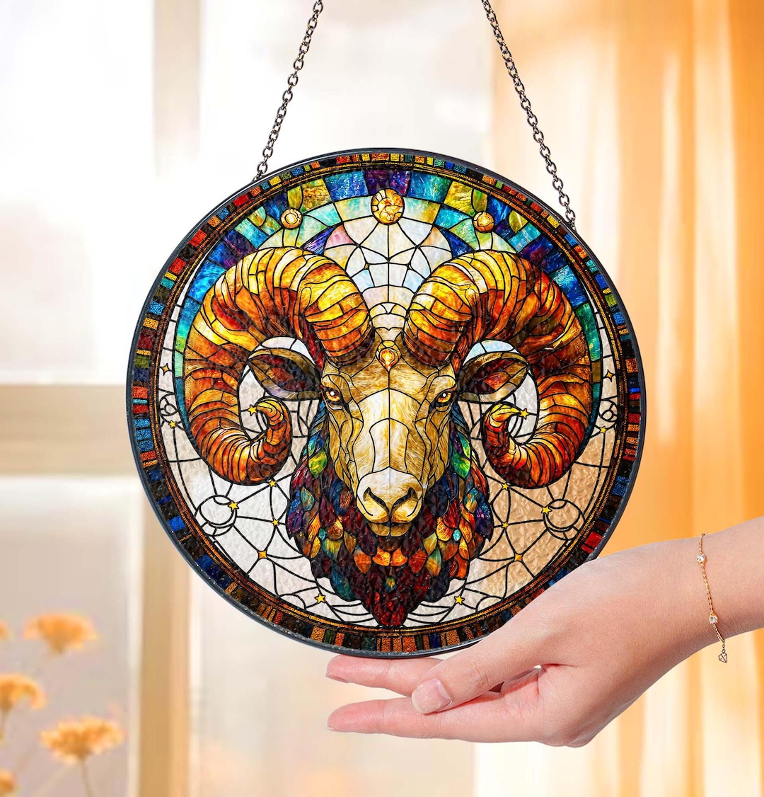 Aries Zodiac Glass Suncatcher, Horoscope Suncatcher Window Hangings ...