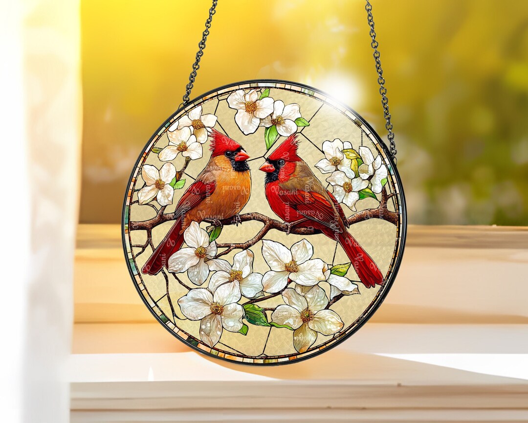 Cardinals Glass Suncatcher, Cardinal Suncatcher, Red Bird Couple ...