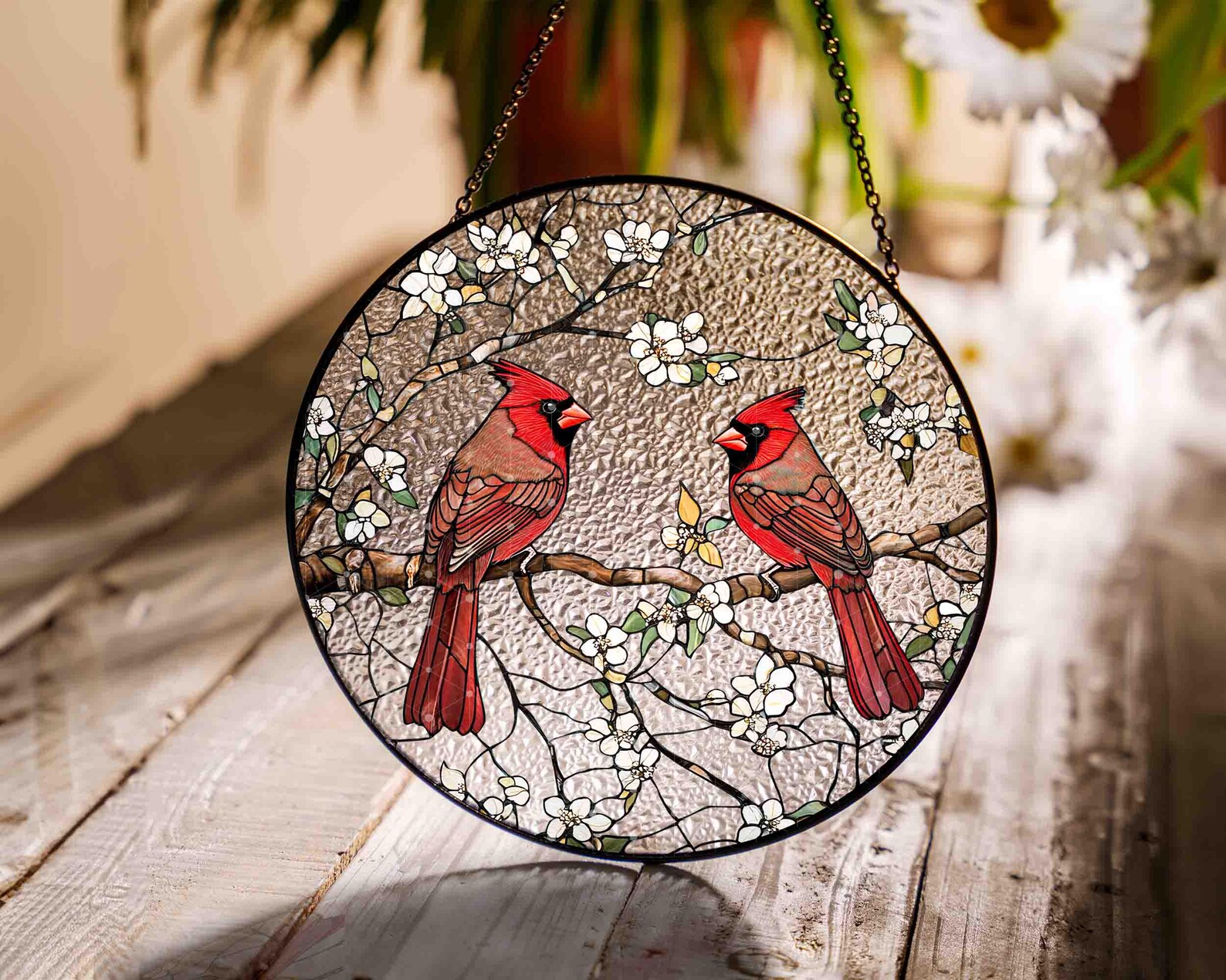 Red Cardinals and Flower Glass Suncatcher, Cardinal Suncatcher, Red ...