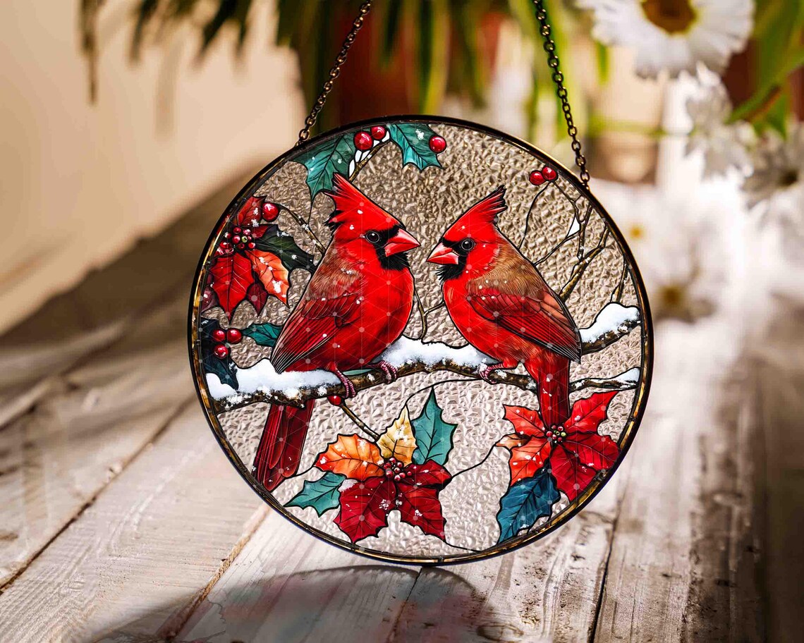 Male and Female Cardinal Glass Suncatcher, Cardinals Glass Suncatcher ...