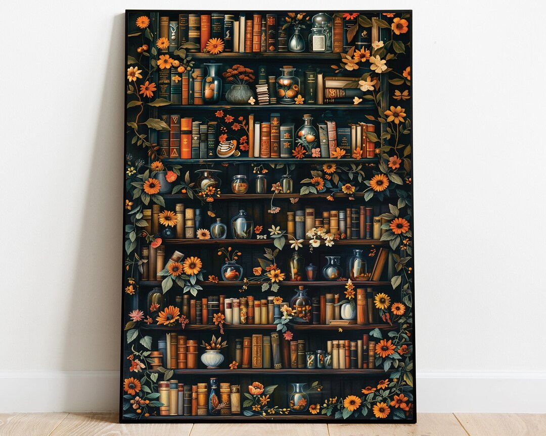 Floral Bookshelf Poster, Retro Vintage Book and Plant Poster, Reading ...
