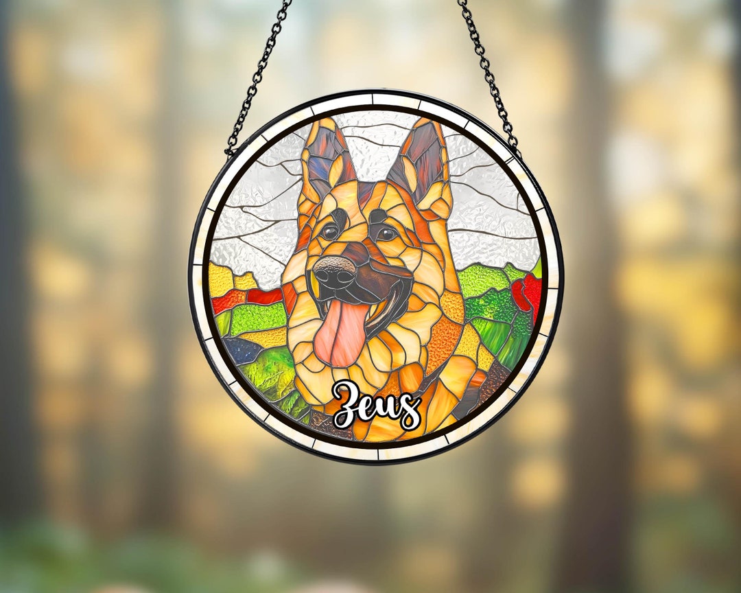 Custom Name German Shepherd Glass Suncatcher, Custom Pet Suncatcher ...