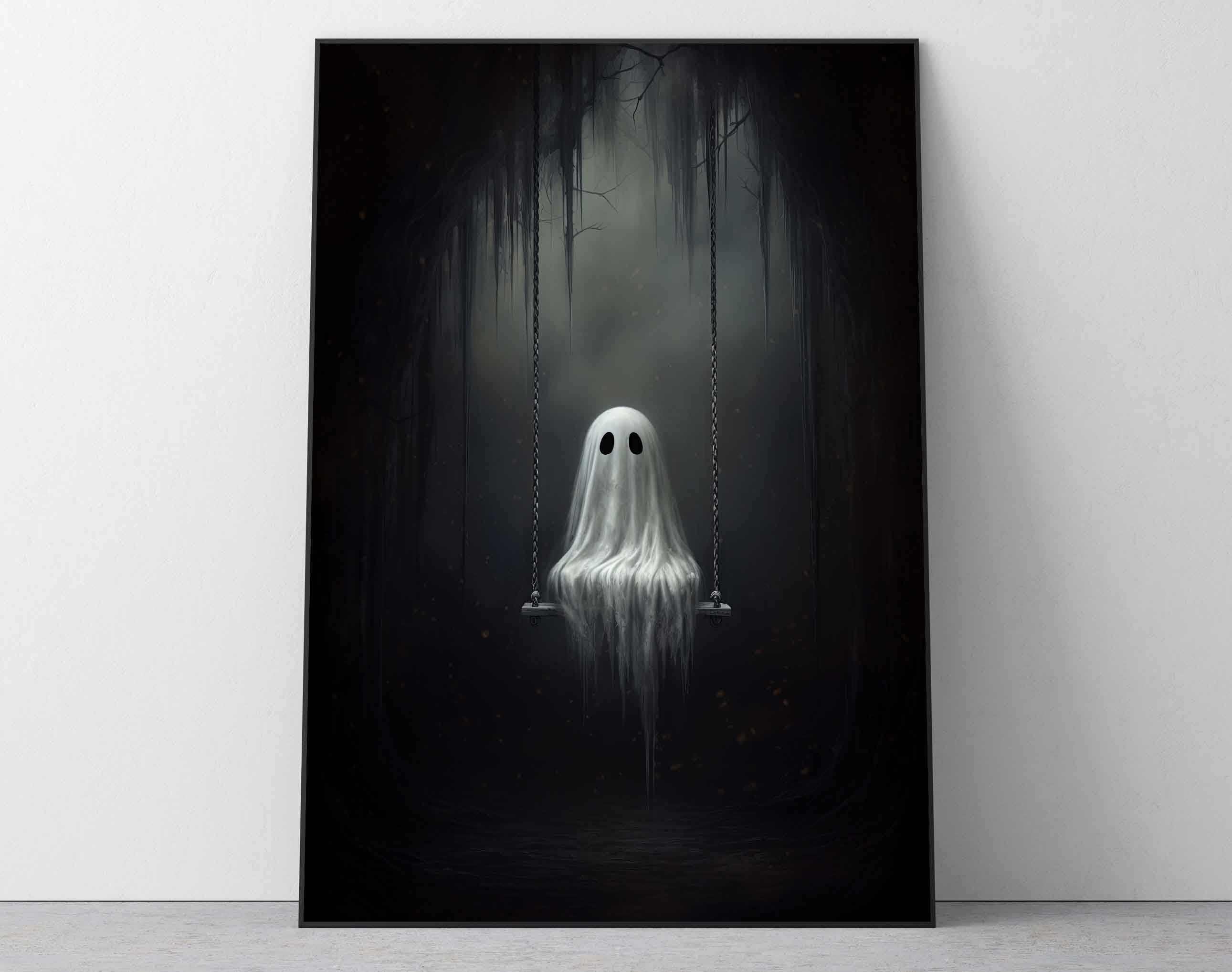 Ghost on the Swing Poster, Sheeted Ghost Art Print, Cute Little Ghost ...