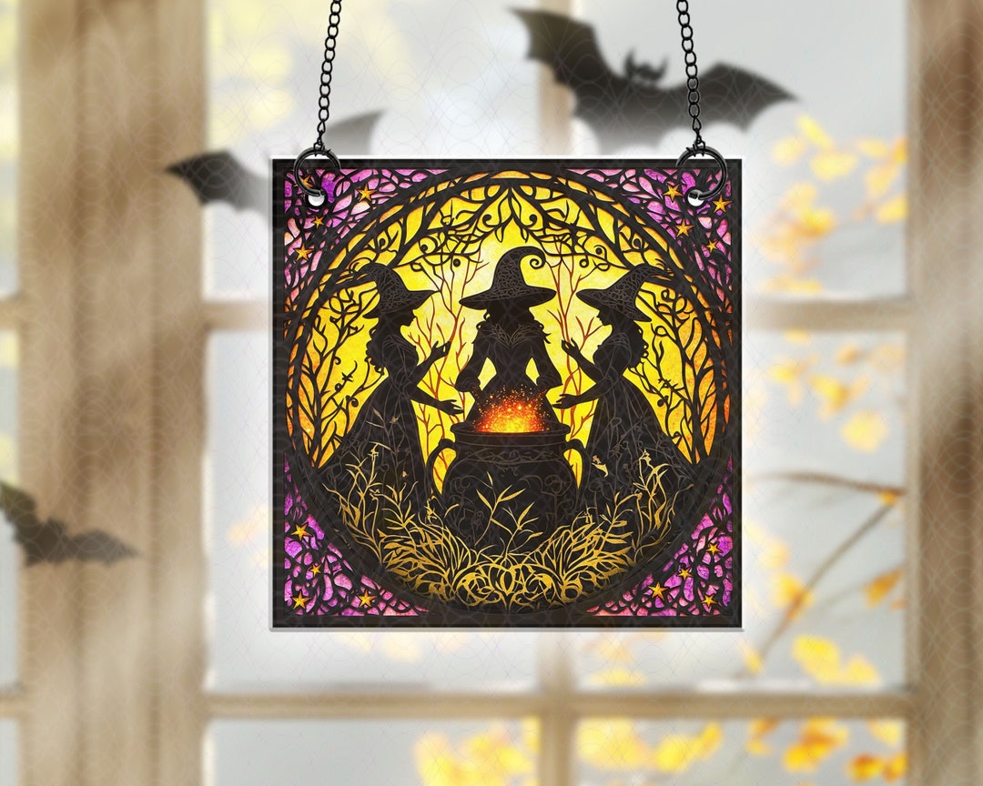 Spooky Witches Suncatcher, Faux Stained Glass Witch Acrylic Suncatcher ...