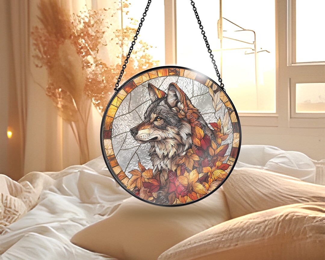 Wolf Glass Suncatcher, Fall Wolf Window Hangings, Gothic Home Decor ...