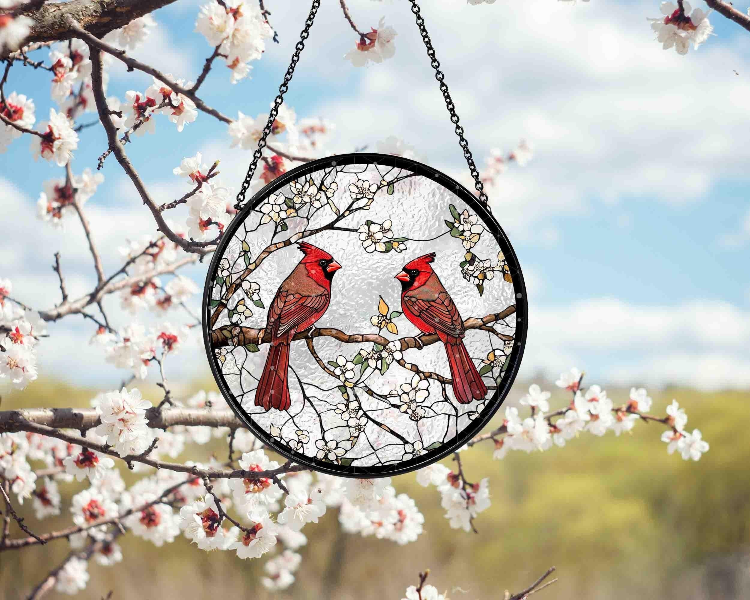 Red Cardinals and Flower Glass Suncatcher, Cardinal Suncatcher, Red ...