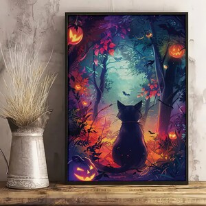 Halloween Black Cat Poster, Cat in Fall Forest Printable, Animal ...