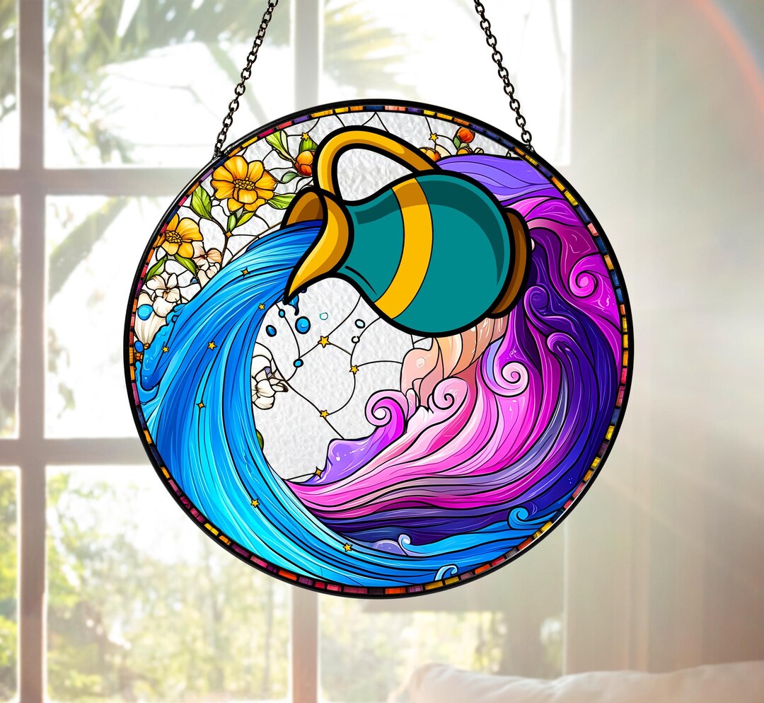Aquarius Zodiac Glass Suncatcher, Horoscope Suncatcher Window Hangings ...