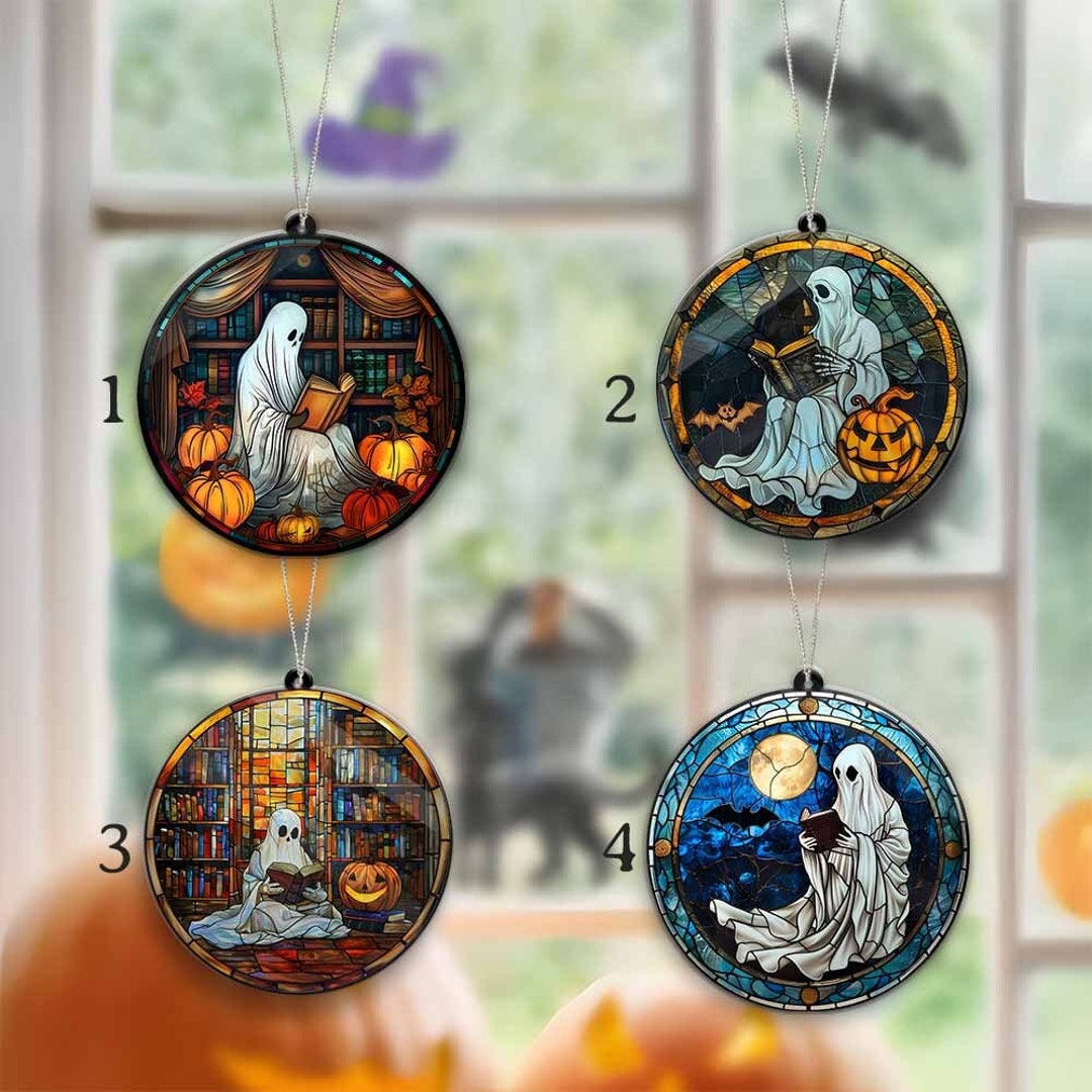 Halloween Ghost Reading Book Window Hangings, NOT SUNCATCHER, Halloween ...