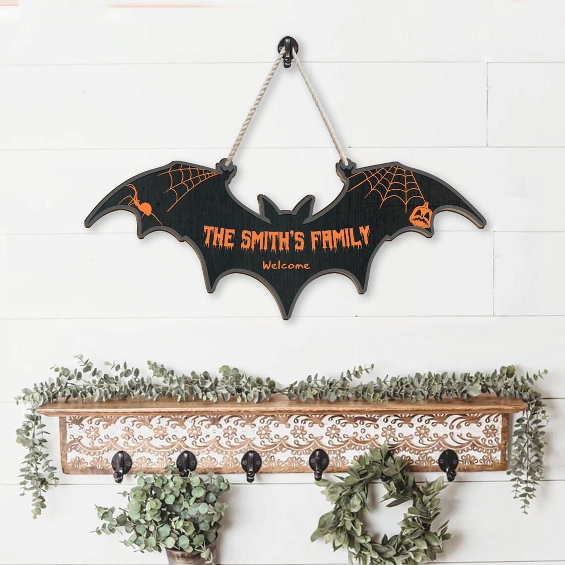 Halloween Bat Hanging Door Sign, Custom Family Name Sign, Halloween ...