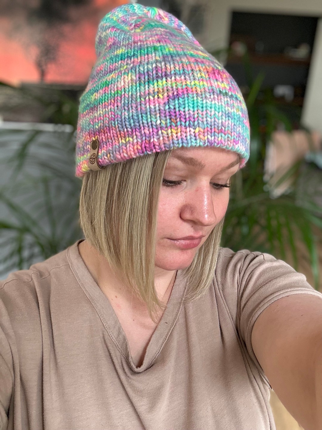 The Jake Beanie,women's Hand Knit Multi-colored Neon Rainbow Double ...