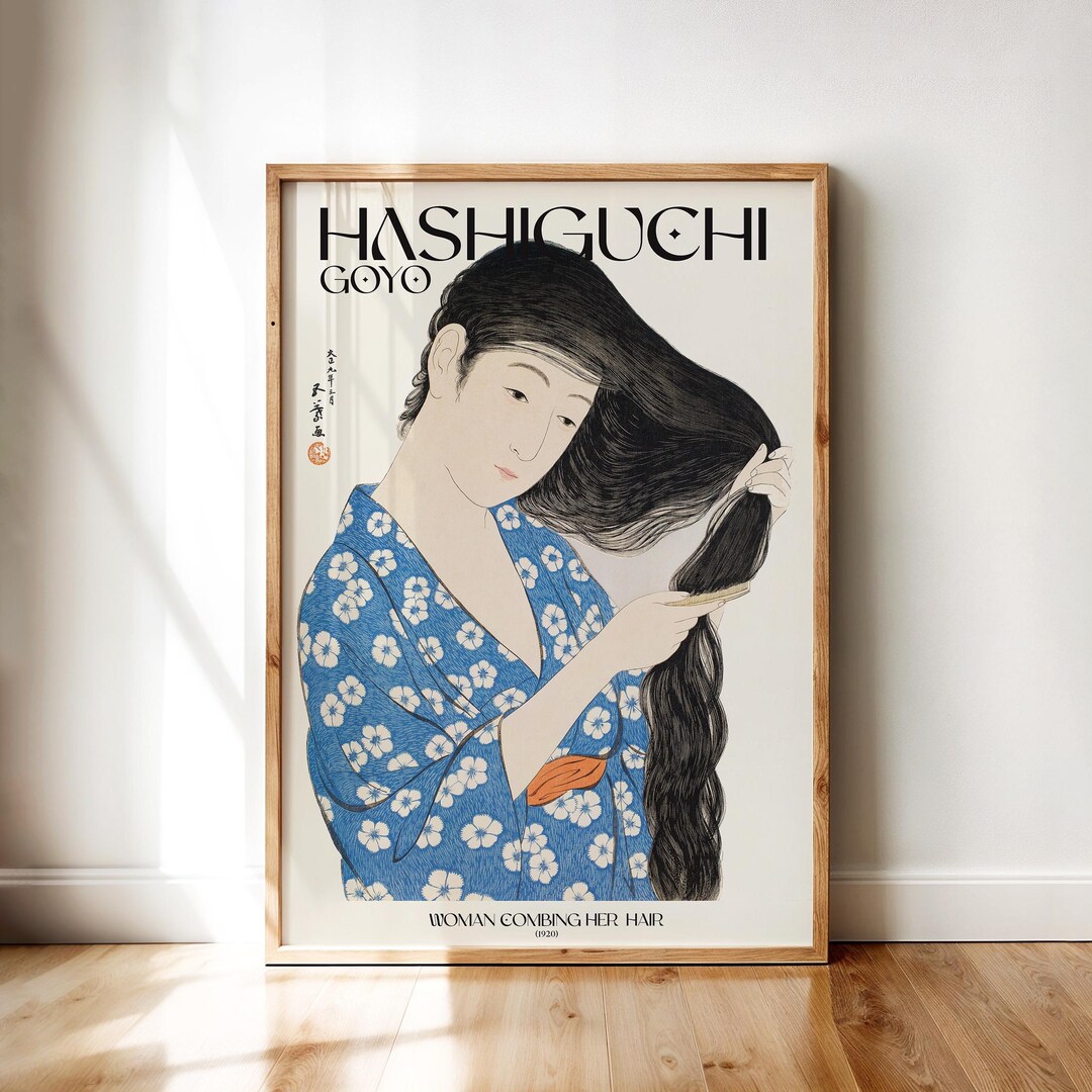 Hashiguchi Goyo Poster – Woman Combing Her Hair (1920) – Japanese Woodblock Print – Blue Kimono ...