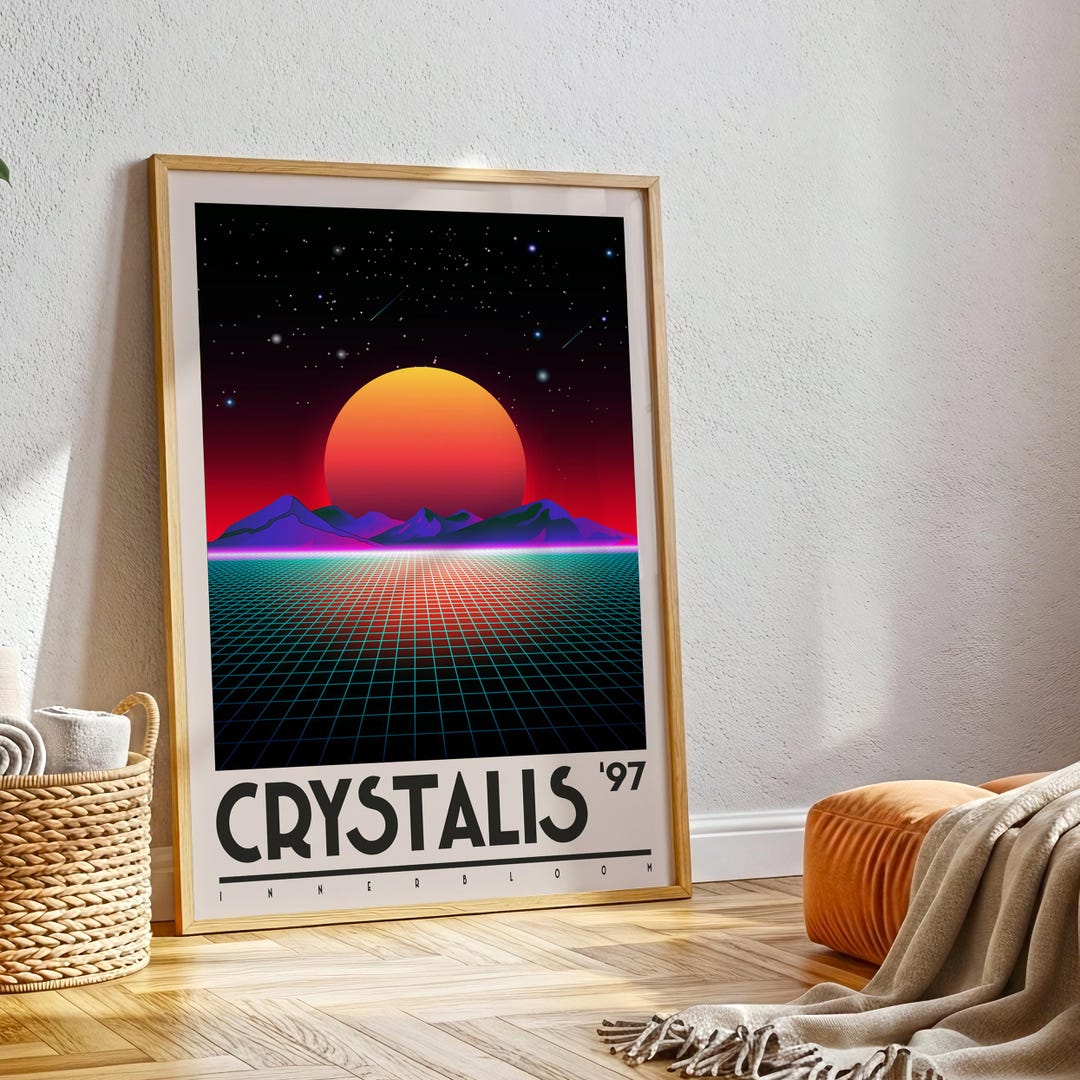 Retro Futuristic Digital Poster – Crystalis '97 Synthwave Art With Grid ...
