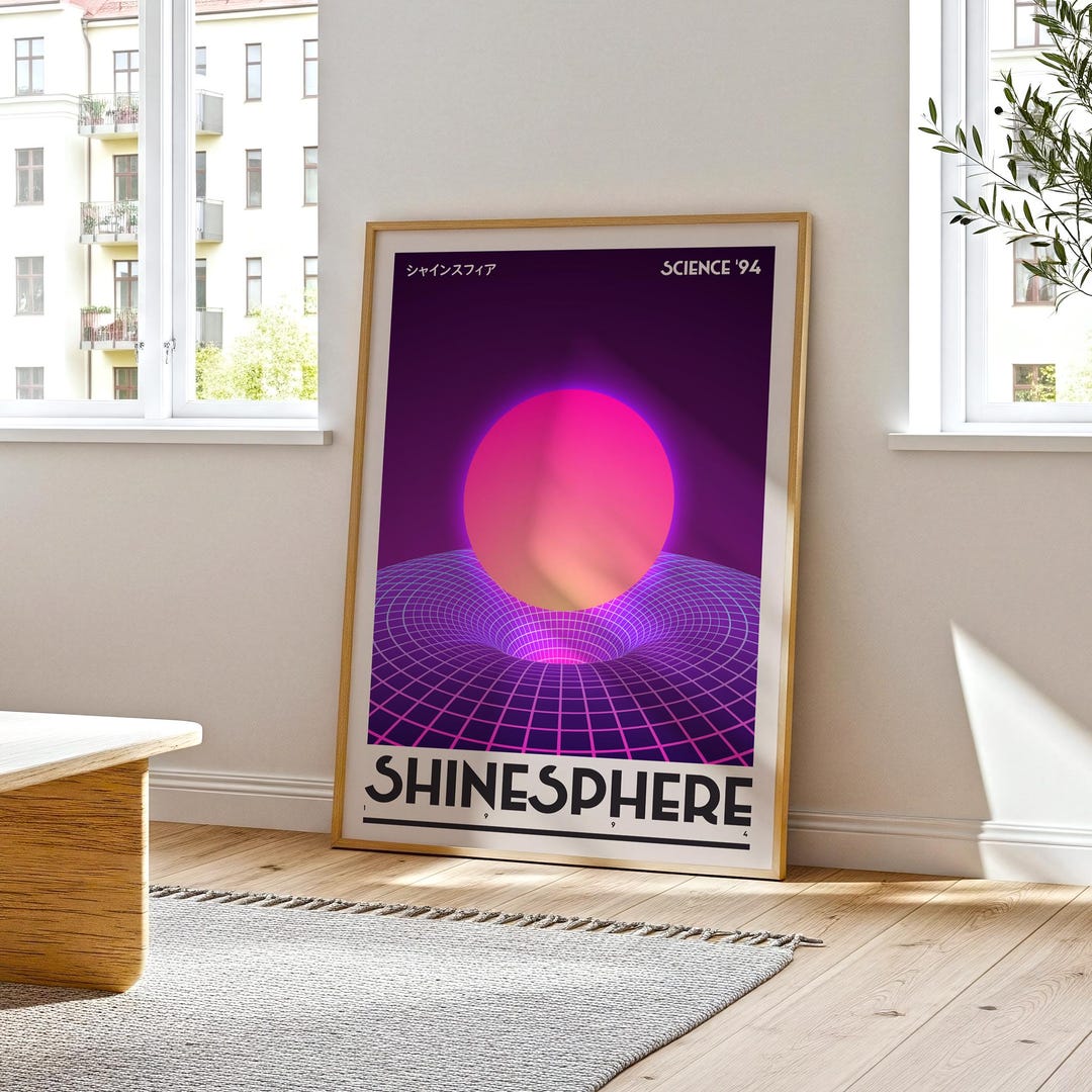 Shinesphere Retro Futuristic Digital Poster – Glowing Orb Over Grid ...