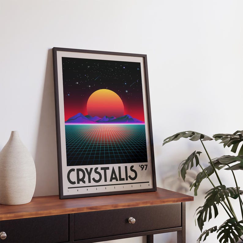 Retro Futuristic Digital Poster – Crystalis '97 Synthwave Art With Grid ...