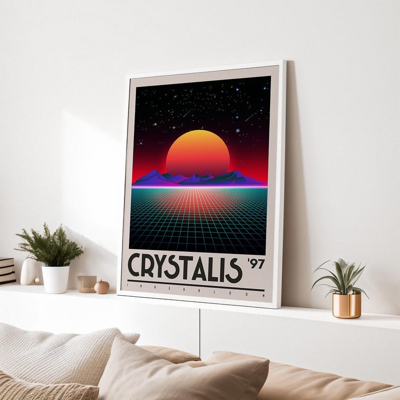 Retro Futuristic Digital Poster – Crystalis '97 Synthwave Art With Grid ...
