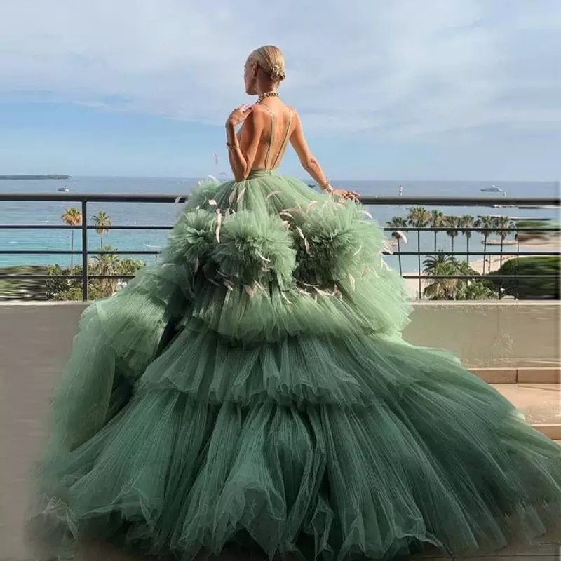 Charming Grass Green Puffy Tulle Prom Gowns Ruffles Tiered Tulle Ball ...