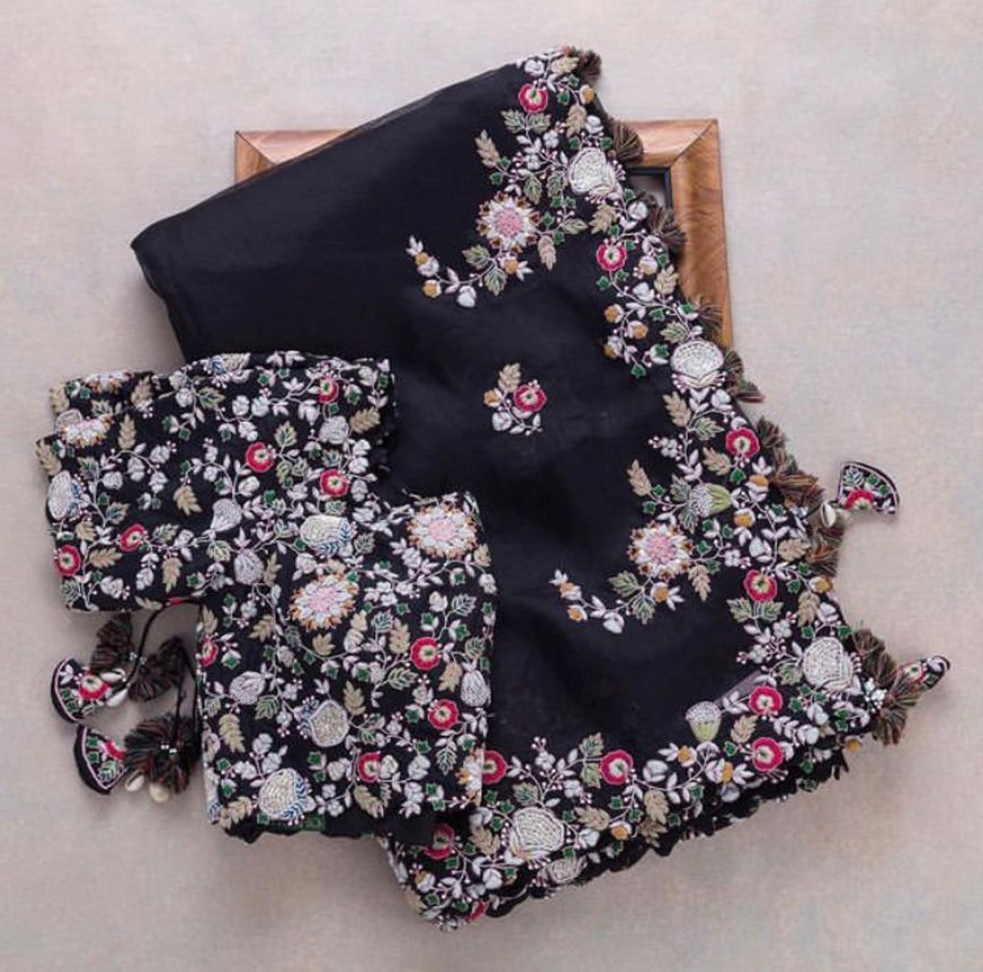 Black Soft Georgette Cutwork Party Wear Saree With Unstiched Blouse ...