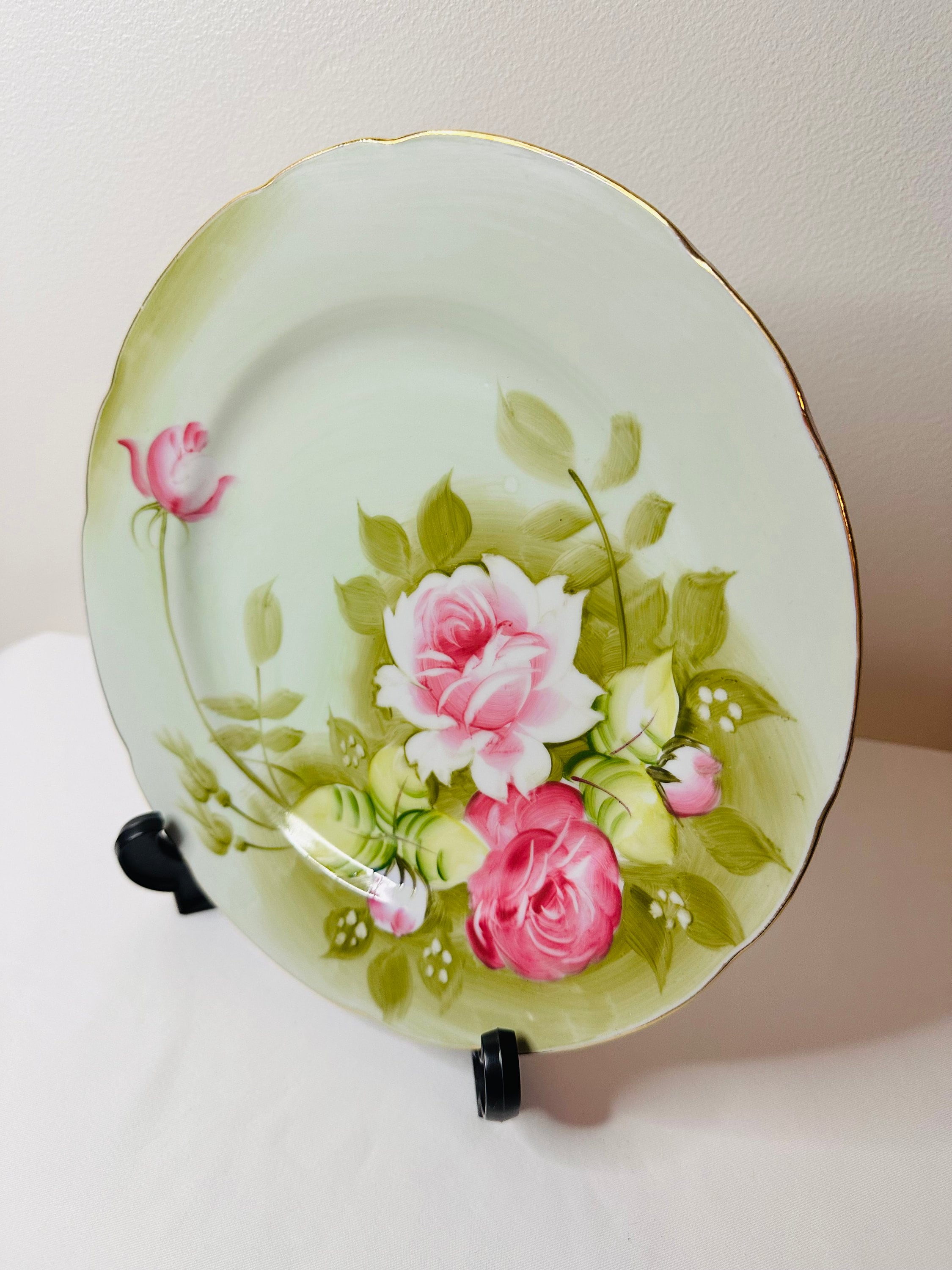 Lefton Heritage Green Dinner Plate Rose Pink Handpainted 1948-1950s - Etsy
