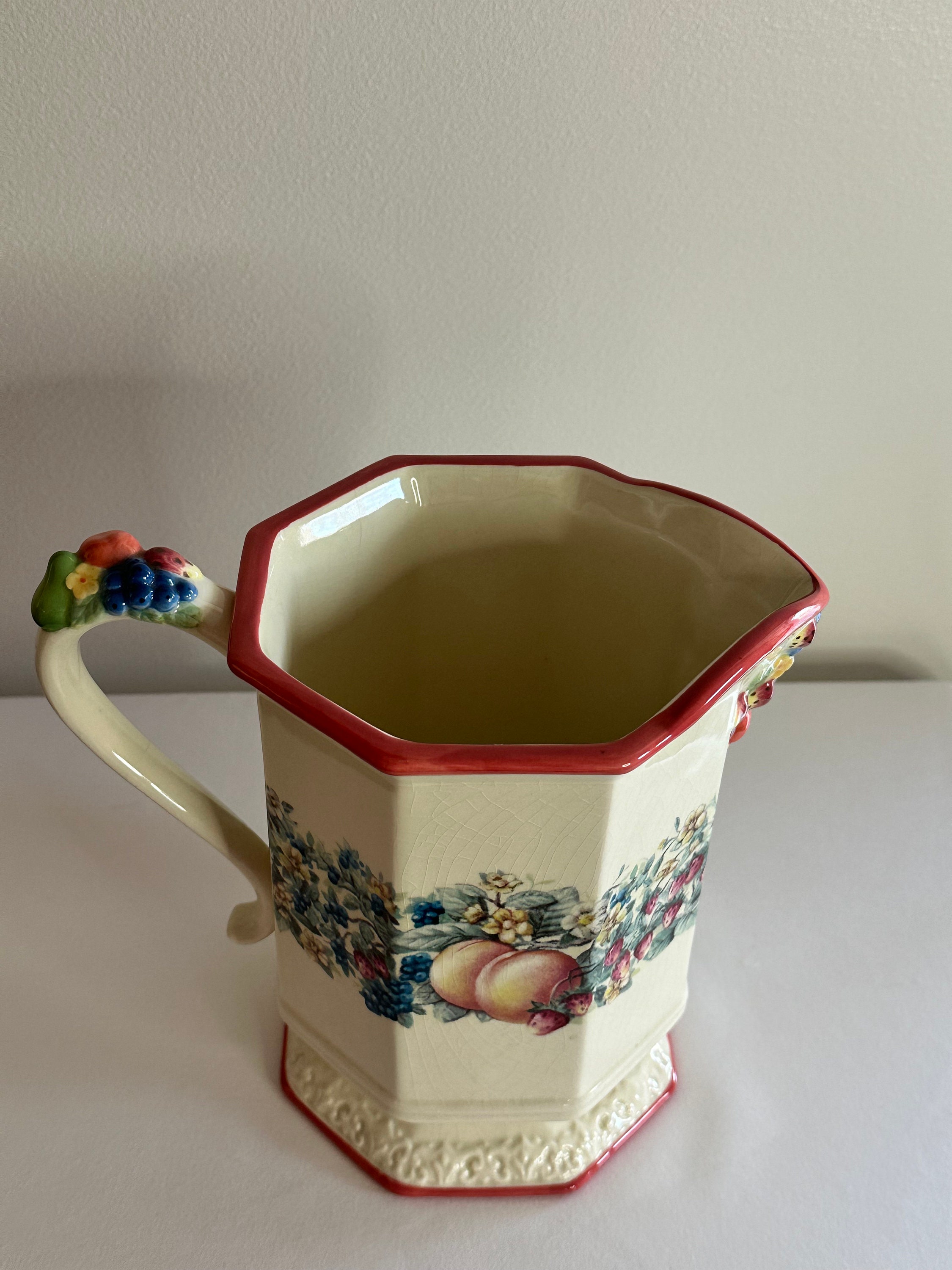 Avon Sweet Country Harvest Pitcher Fruit Pear Pink Blue Kitchen Vase ...