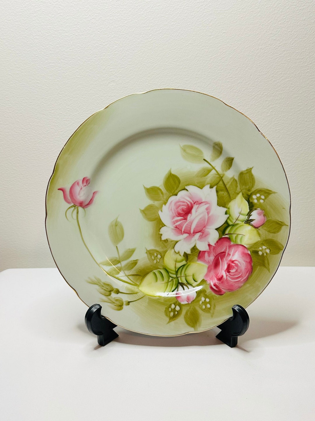 Lefton Heritage Green Dinner Plate Rose Pink Handpainted 1948-1950s - Etsy