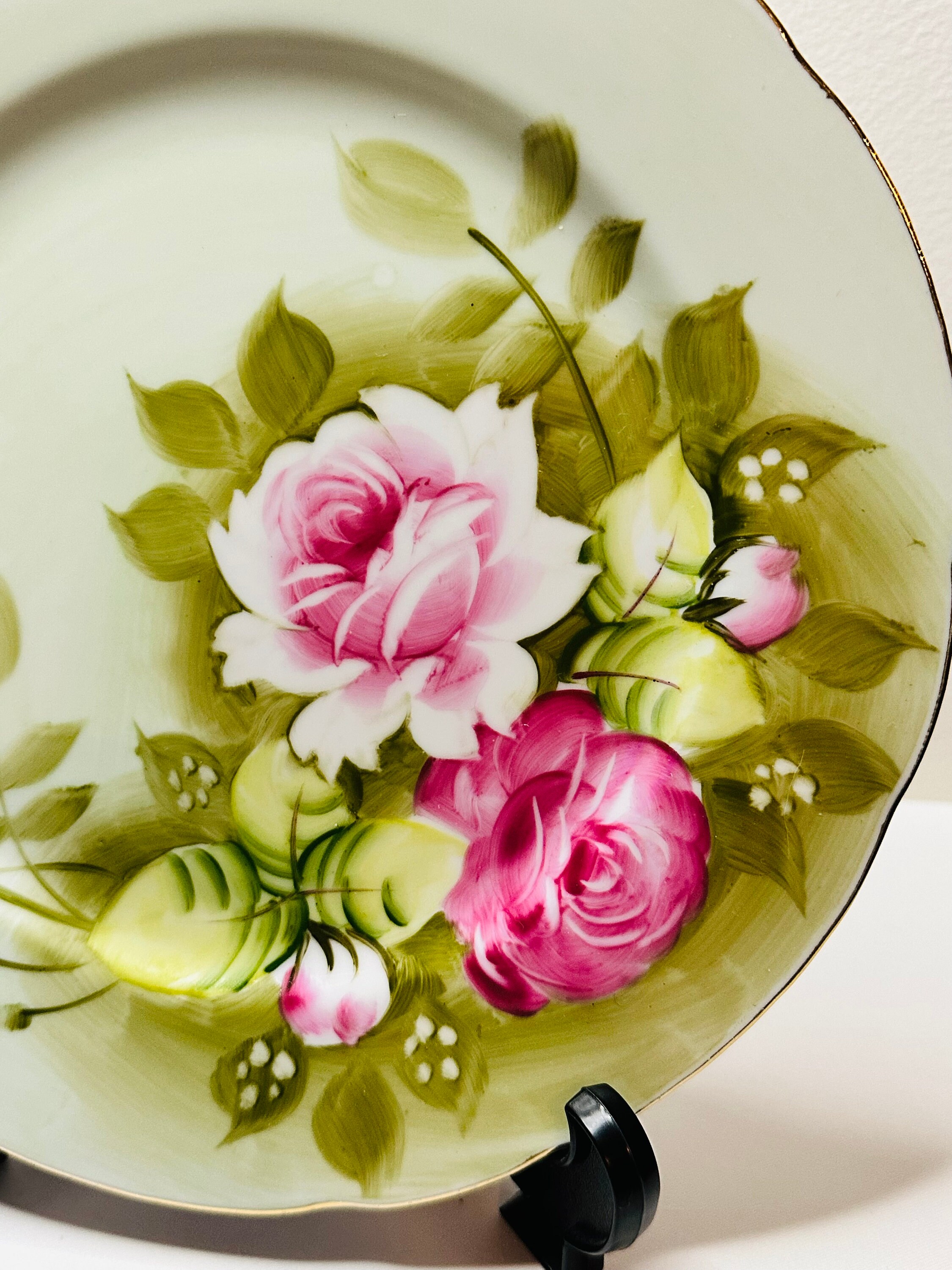 Lefton Heritage Green Dinner Plate Rose Pink Handpainted 1948-1950s - Etsy