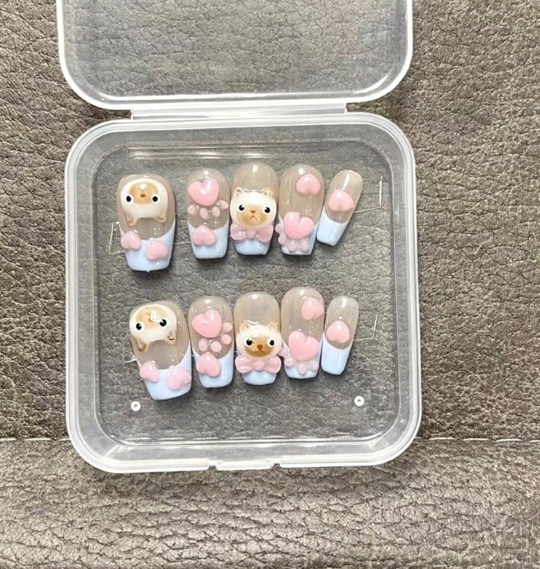 Kawaii Kitty French Style Press on Nails|3d Premium Art Design Reusable ...