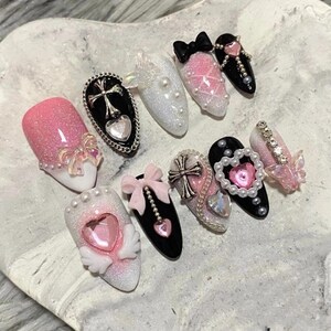 Black Pink Y2K Luxury Nails|cross Sparkle Design Press on Nails|cool ...