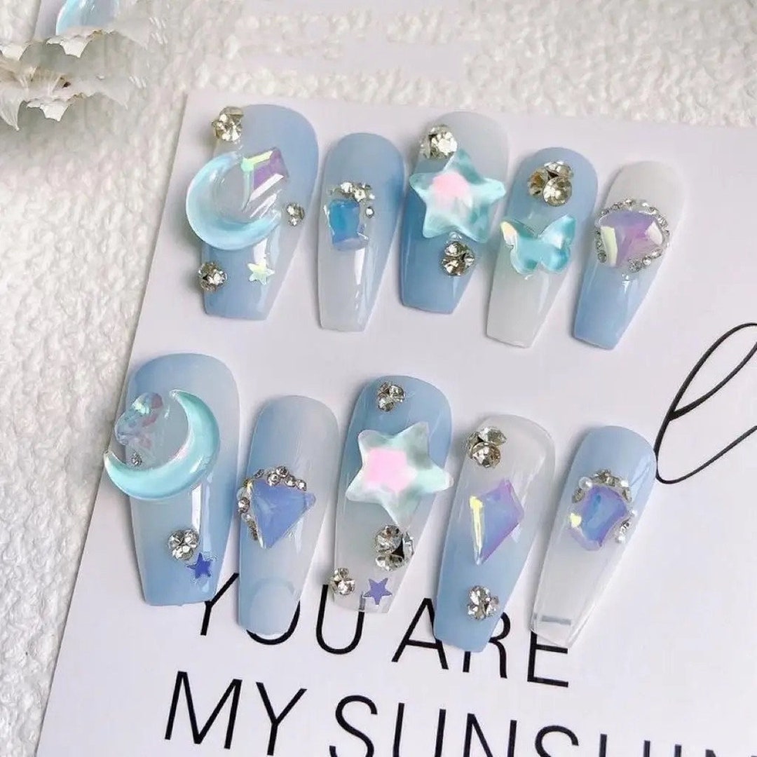 3D Blue Dream Star and Moon Press on Nails|rainbow Diamond Reusable ...