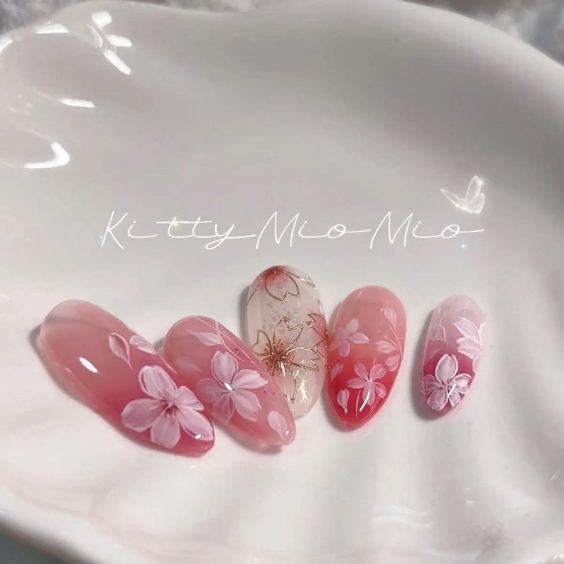 Pink Sakura Spring Press on Nailsflower Petal Nailshand-painted Art ...