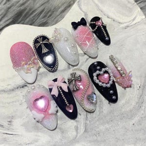 Black Pink Y2K Luxury Nails|cross Sparkle Design Press on Nails|cool ...