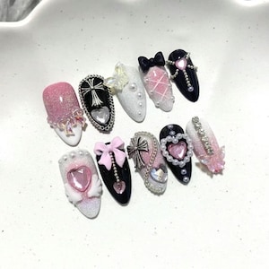 Black Pink Y2K Luxury Nails|cross Sparkle Design Press on Nails|cool ...