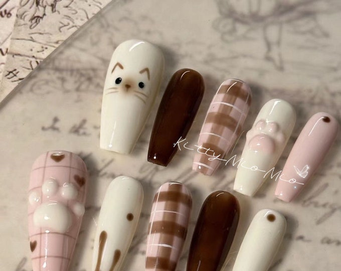 Pink Sugar Kitty Press on Nailkawaii Hand Painted Reusable Nailscute ...