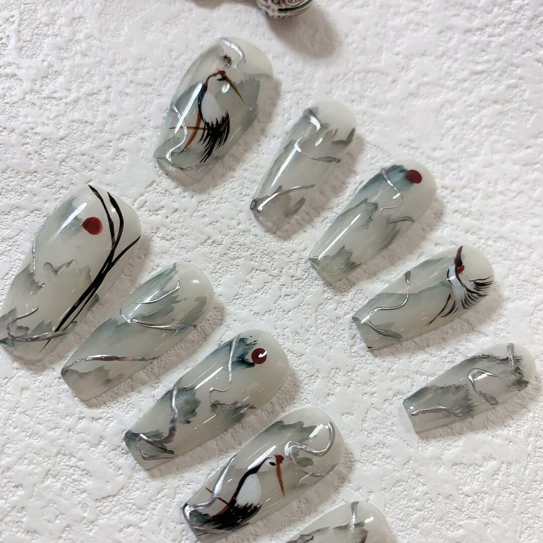 Grus Japonensis Silver Inkpainting Style Press on Nails|classical Style ...