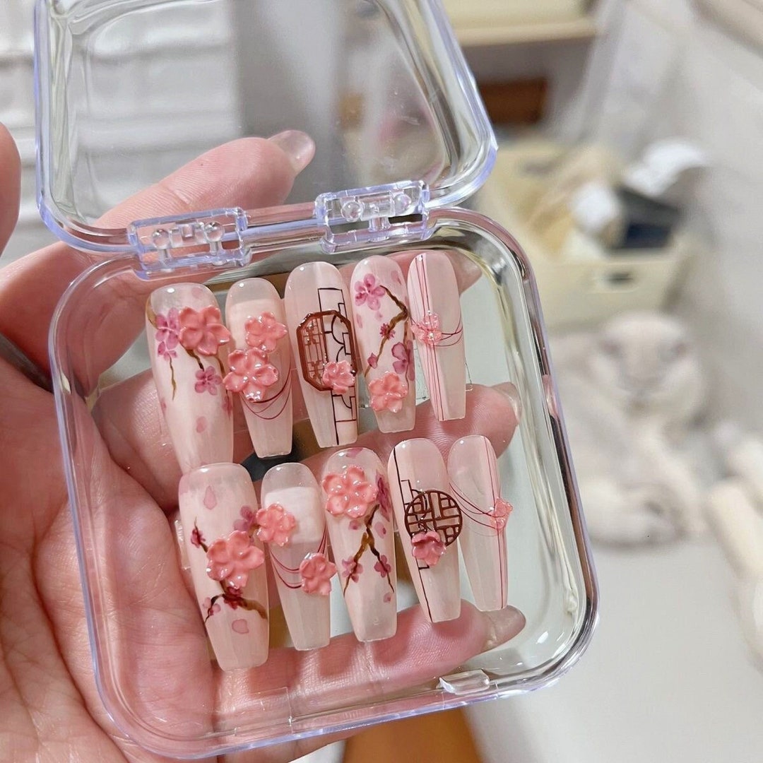 Plum Blossom Spring Press on Nails|flower Petal Nails|hand-painted Art ...