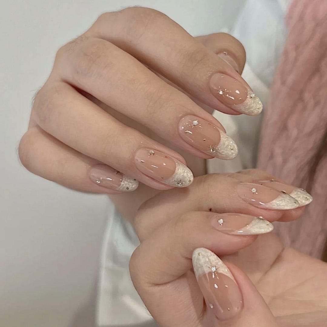 Marble French Tips Style Press on Nails|charm Reusable Nails|premium ...