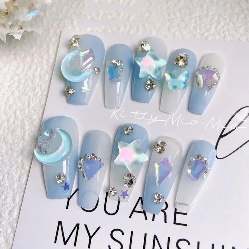 3D Blue Dream Star and Moon Press on Nailsrainbow Diamond Reusable ...