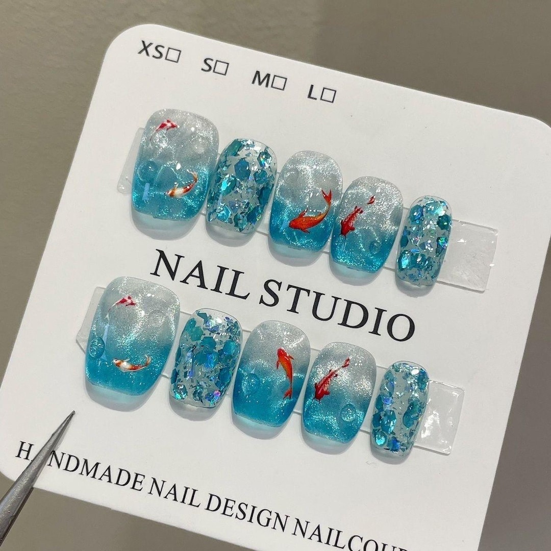 Blue Koi Fish Press on Nails | Ocean Inspired Glitter Fake Nails | 3D ...