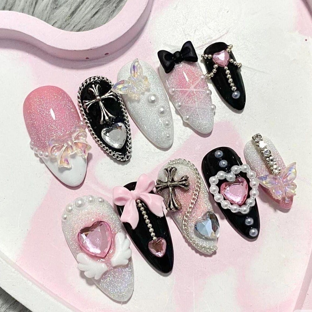 Black Pink Y2K Luxury Nails|cross Sparkle Design Press on Nails|cool ...