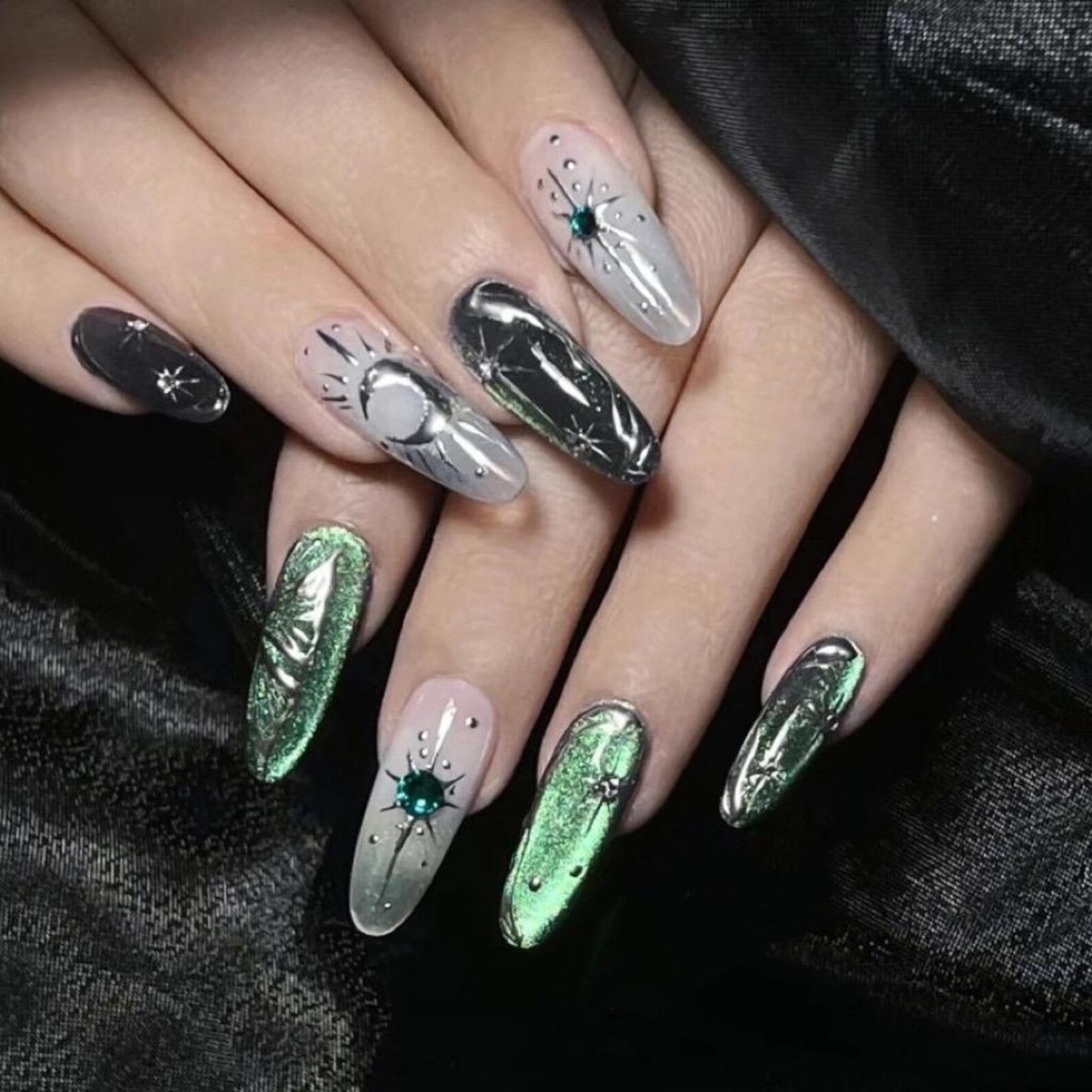 Black Star and Moon Luxury Nails|planet Cat Eye Silver Press on Nails ...